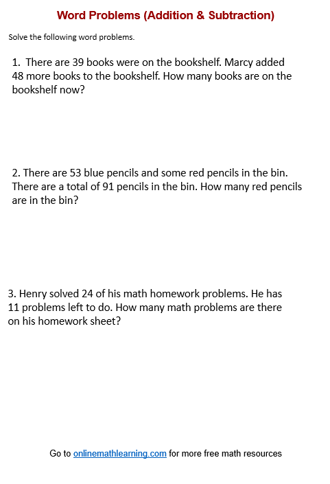 Add Subtract Word Problems (worksheets, printable, online, answers)