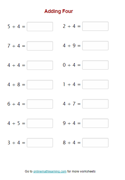 Adding Four Worksheets (First Grade, printable)