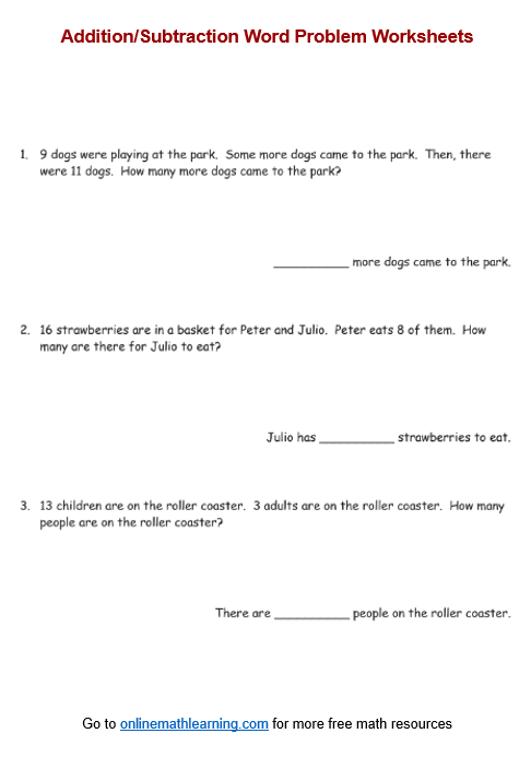 Addition/Subtraction Word Problem Worksheets (First Grade, printable)