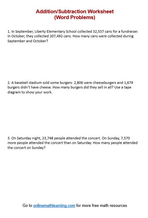Addition Subtraction Word Problems (printable, online, answers)