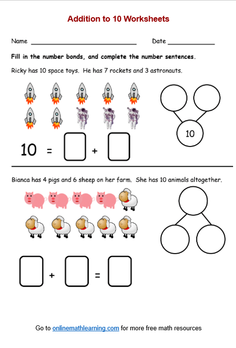 Addition to 10 Worksheet (Kindergarten, printable)