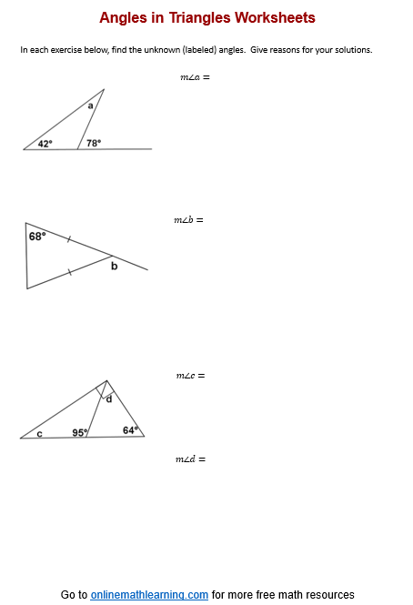 Angles, Transversals & Triangles Worksheets (printable, online, answers, examples)