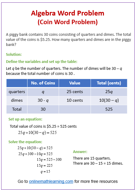Coin Word Problems (video lessons, examples and solutions)