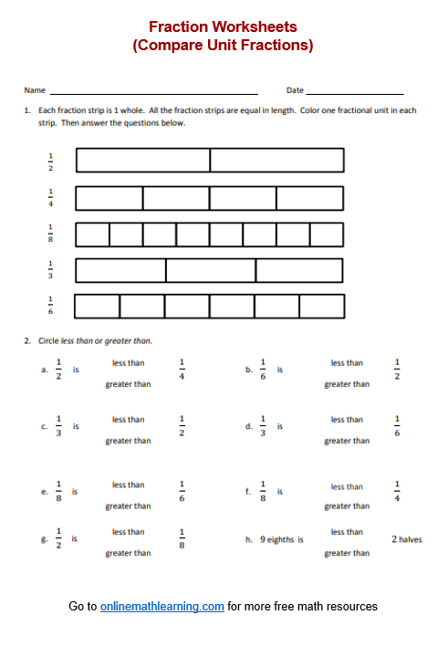 Compare Unit Fractions Worksheets (answers, printable, online, grade 3)