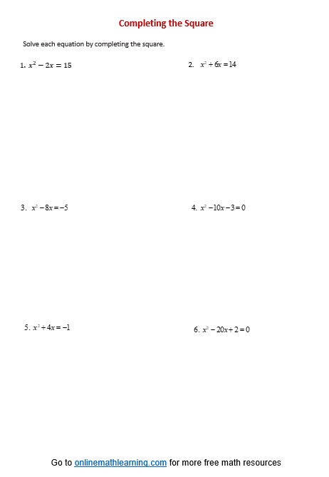 Solve Quadratic Equation by Completing the Square Worksheets (printable ...