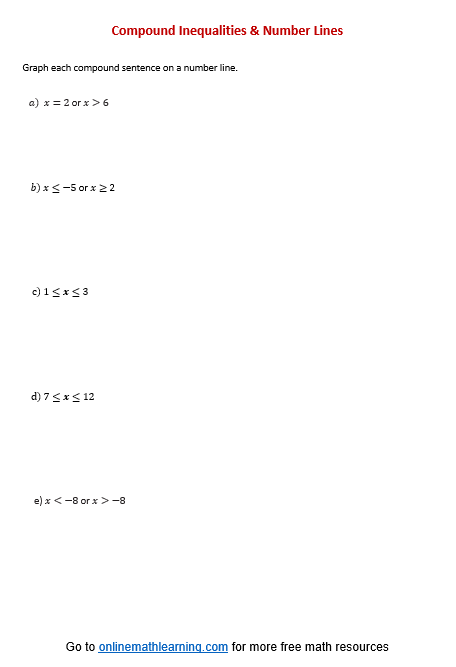 Graphing Compound Inequalities on a Number Line Worksheets (examples ...