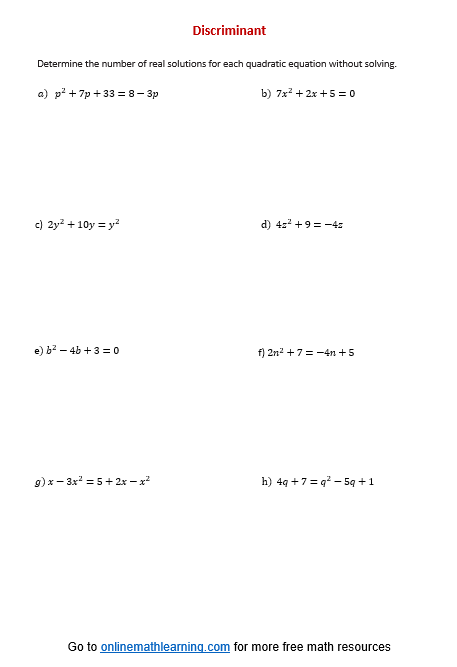Understanding The Discriminant Worksheet Answers Quadratic Function Of