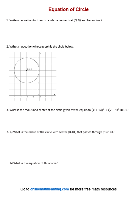 Writing Equations Of Circles Worksheet