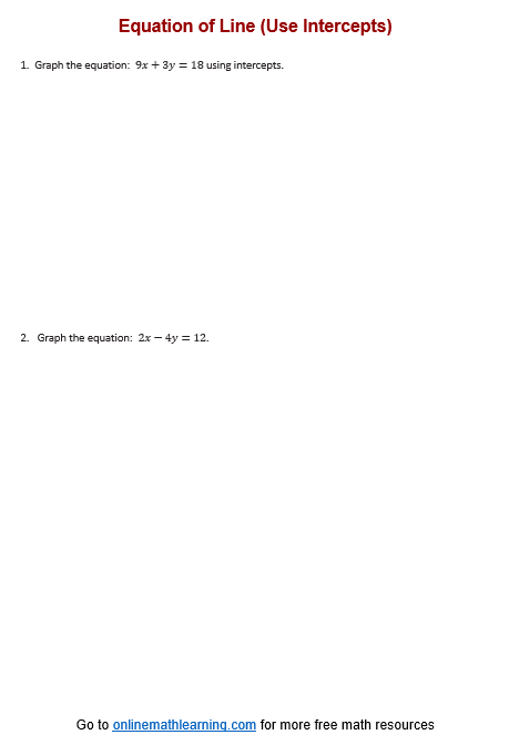 Graph Equation using Intercepts Worksheets (printable, online, answers, examples)