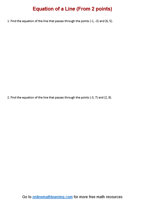 Equation of Line from 2 Points Worksheets (printable, online, answers ...