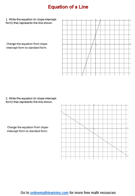 Equation of a Line Worksheets (printable, online, answers, examples)