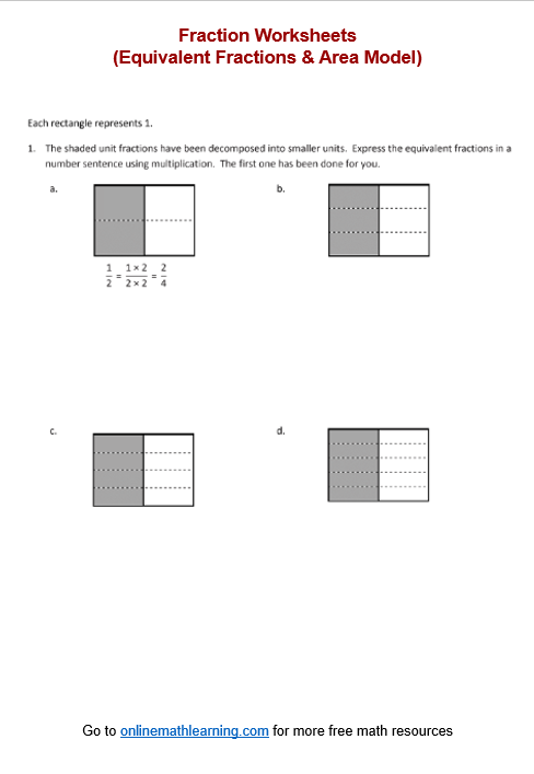 Equivalent Fractions & Area Model Worksheets (printable, online, answers)