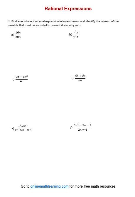 Equivalent Rational Expression Worksheets (printable, online, answers ...