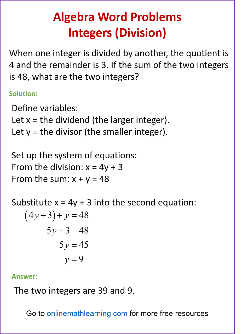 Algebra Word Problems: Integers (solutions, videos, examples)
