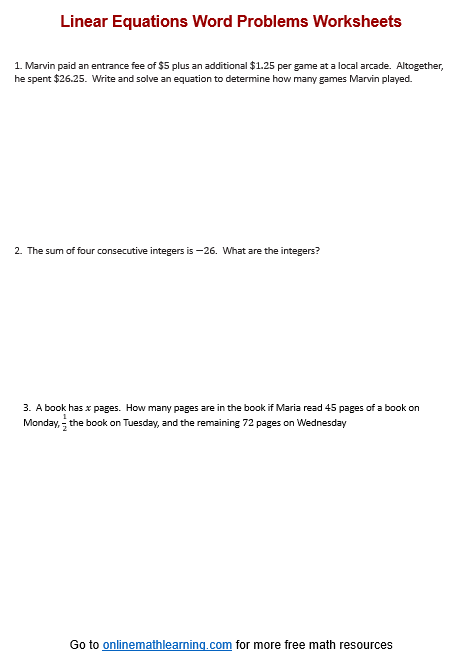 Solve Linear Equations Word Problems Worksheets (printable, online ...