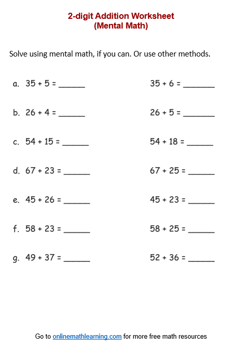 Mental Math Addition Worksheets (Second Grade, printable)