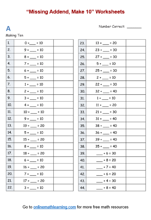 First Grade Math Worksheets Missing Addends Counting On Missing Addend