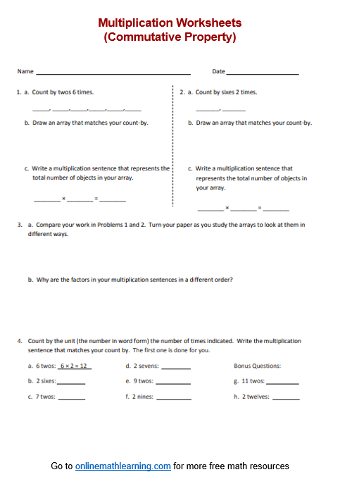 Multiplication & Commutative Property Worksheets (Printable, Online)