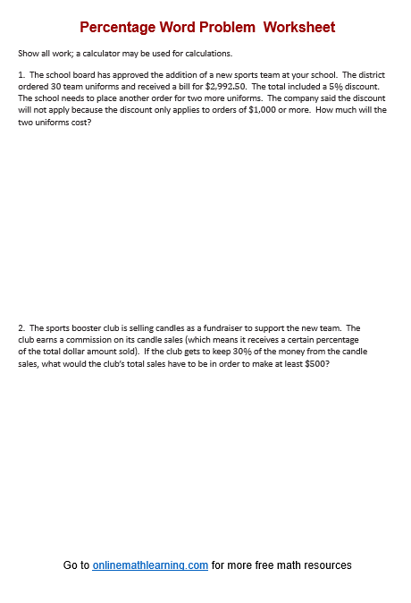 Percentage Word Problem Worksheets (printable, online, answers, examples)