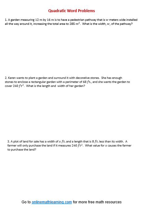 Quadratic Word Problem Worksheets (printable, online, answers, examples)