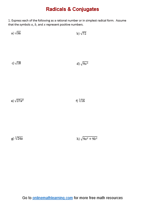 Simplify Radical Expression Worksheets (printable, online, answers, examples)