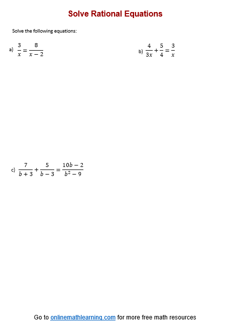 Solve Rational Equations Worksheets (printable, online, answers, examples)
