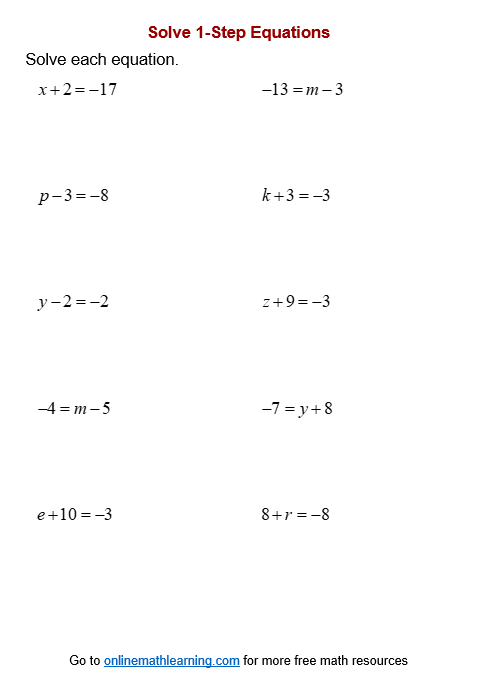 Solving 1-Step Equation Worksheets (printable, online, answers, examples)