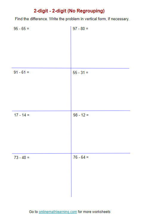 Subtract 2-digit Worksheets (First Grade, printable)