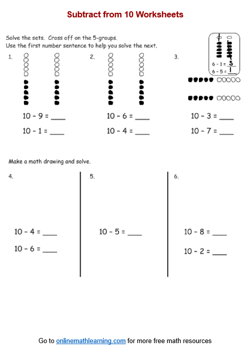 Subtract from 10 Worksheets (First Grade, printable, answers)