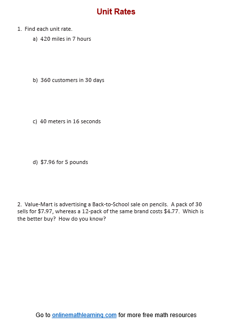 Unit Price Worksheet