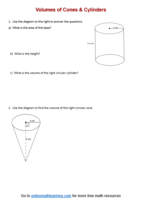 Volume of Cones & Cylinders Worksheets (printable, online, answers ...