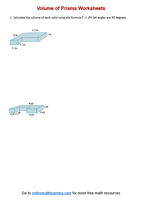 Volume of Prisms Worksheets (printable, online, answers, examples)