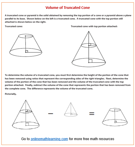 Volume of Truncated Cones & Pyramids Worksheet (examples, solutions, videos, worksheets, activities)