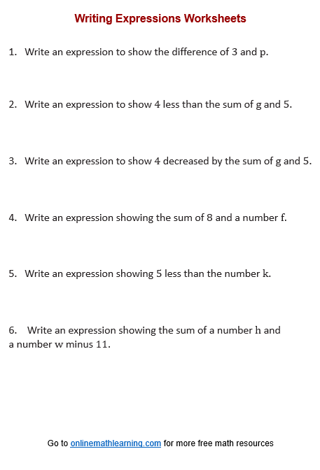 Writing Expressions Worksheet (examples, answers, videos, activities)